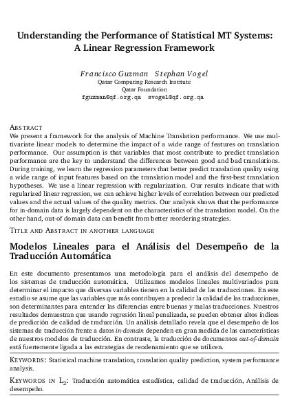pdf understanding the performance of statistical mt systems a linear