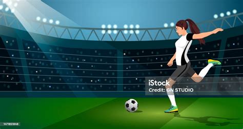 젊은 여성 여자 소녀 축구 축구 선수 킥 슛 공 페널티 패스 축구장 총격전 팬 스탠드 팀 목표 행동 활동 프로 스포츠맨 벡터