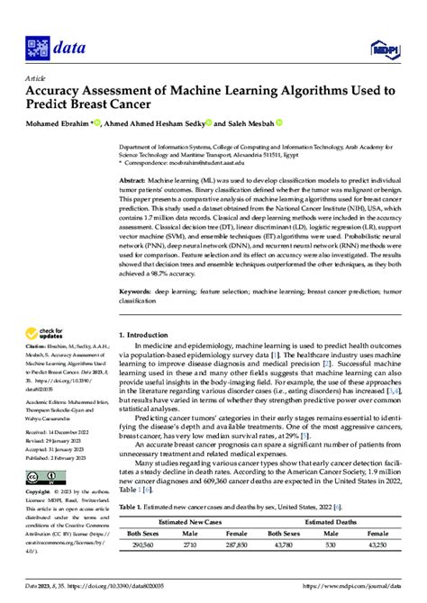 Pdf Accuracy Assessment Of Machine Learning Algorithms Used To Predict Breast Cancer Ahmed