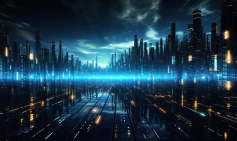Premium Ai Image Blue Binary Codes Background With City Landscape