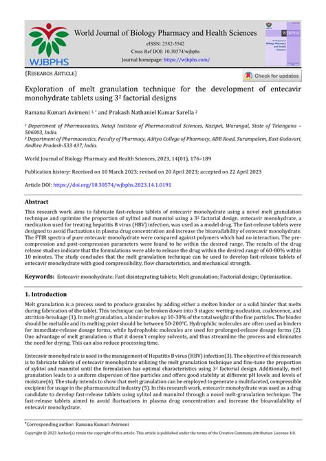 Pdf Exploration Of Melt Granulation Technique For The Development Of Entecavir Monohydrate