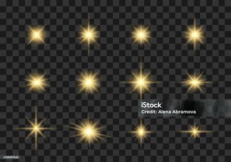 빛나는 별의 집합입니다 벡터 스파크와 투명한 배경에 밝은 반짝임 별빛과 별빛 번쩍이는 빛 마법의 반짝임과 반짝이는 별 벡터 골든 스파크 절연 광선에 대한 스톡 벡터 아트 및