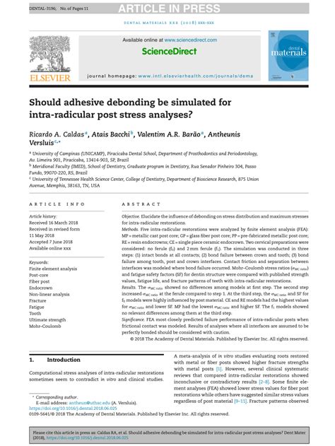 Pdf Should Adhesive Debonding Be Simulated For Intra Radicular Post