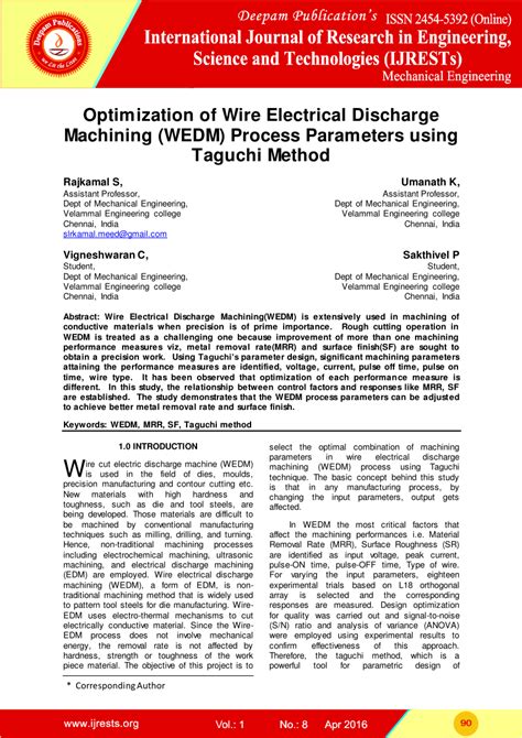 Pdf Optimization Of Wire Electrical Discharge Machining Wedm Process Parameters Using