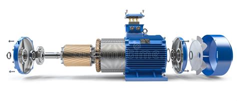 Electric Motor Exploded Sectioned View 3d Rendering Isolated On White Background Stock