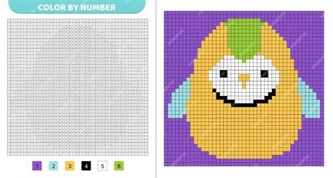 앵무새 스퀴시멜로 숫자별 색상 픽셀 색칠책 번호가 매겨진 사각형 어린이를 위한 게임 픽셀 아트 격리된 벡터 그림 Eps 10 프리미엄 벡터