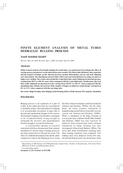 Pdf Finite Element Analysis Of Metal Tubes Hydraulic Bulging Process