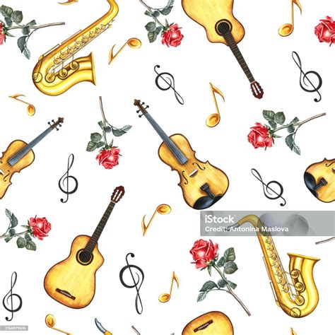악기 기타 바이올린과 색소폰 음표와 색상이 있는 음악적 이음매 없는 패턴 수채화 일러스트는 손으로 만듭니다 섬유 포장지 인쇄 등