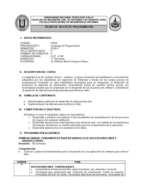 Silabo Taller De Programacion Unprg Pdf Aplicación Web Modelo