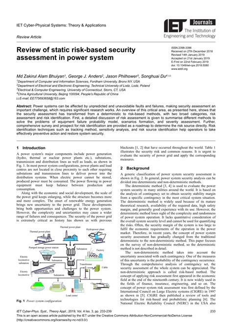 PDF A Review Of Static Risk Based Security Assessment In Power System