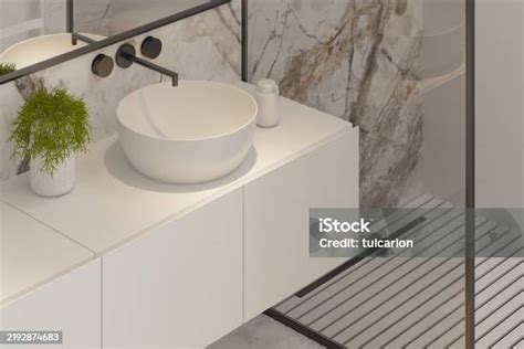 대형 대리석 타일과 식물이 있는 더블 세면대와 샤워기가 있는 현대적인 미니멀리스트 화이트 마스터 욕실 인테리어 0명에 대한 스톡 사진 및 기타 이미지 Istock
