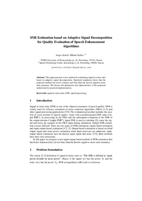 Pdf Snr Estimation Based On Adaptive Signal Decomposition For Quality
