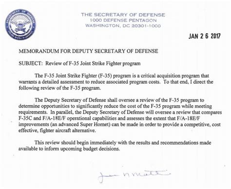 Secdef Mattis Signs Memo To Officially Review F 35 Program And Reduce