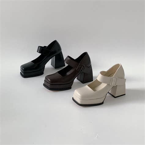 다온샵 스퀘어 통굽가보시 메리제인 스트랩 펌프스하이힐 9cm