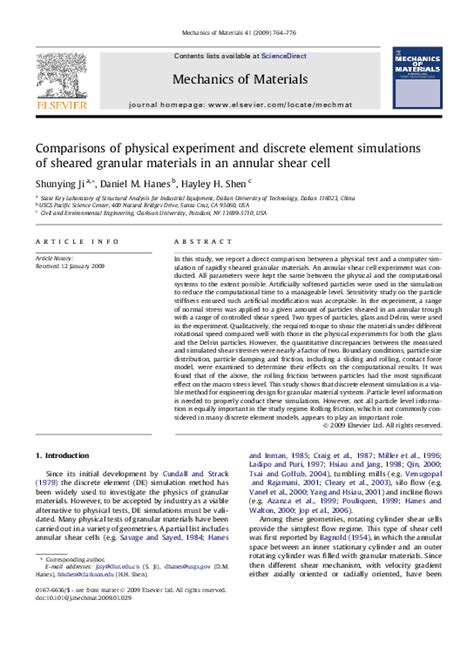 Pdf Comparisons Of Physical Experiment And Discrete Element