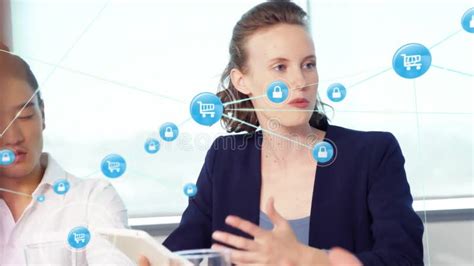 Animation Of Connected Cart And Lock Icons Over Diverse Woman With