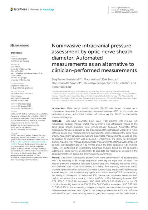 Pdf Noninvasive Intracranial Pressure Assessment By Optic Nerve Sheath Diameter Automated