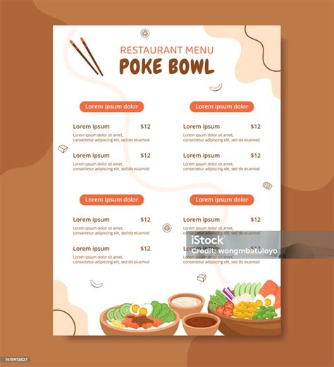 포크 그릇 음식 메뉴 템플릿 손으로 그린 만화 플랫 일러스트 레이 션 포케 음식에 대한 스톡 벡터 아트 및 기타 이미지 포케
