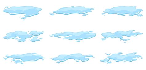 물 어리 파란 액체는 평평한 만화 스타일의 다양한 모양으로 깨한 액체 방울 디자인을 설정합니다 프리미엄 벡터