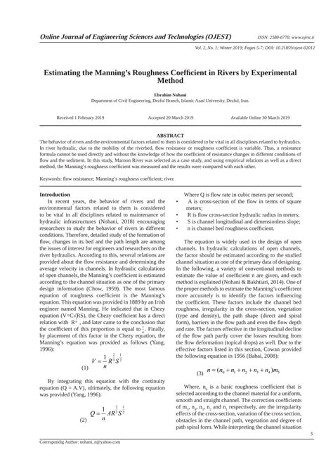 Pdf Estimating The Mannings Roughness Coefficient In Rivers By Experimental Method