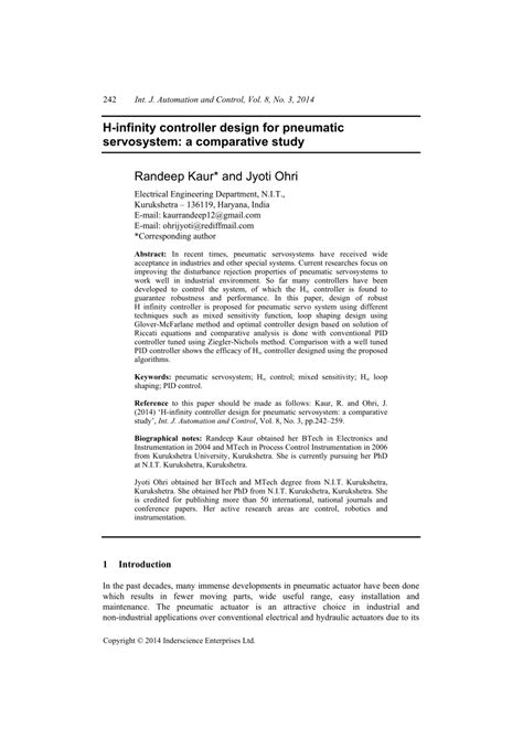 Pdf H Infinity Controller Design For Pneumatic Servosystem A