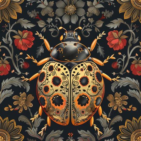 An Elegant Ladybug Illustration With Rich Dark Colors Floral And Ornate Patterns Stock