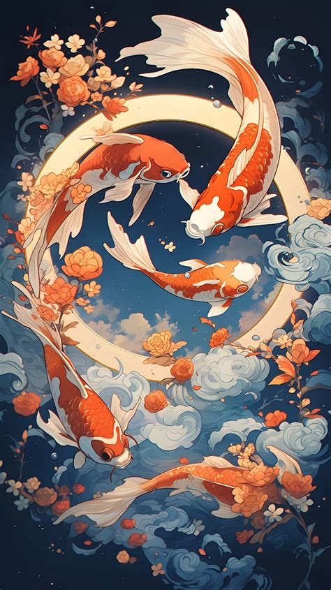 喜庆中式国潮中国风锦鲤插画数字艺术 花瓣网