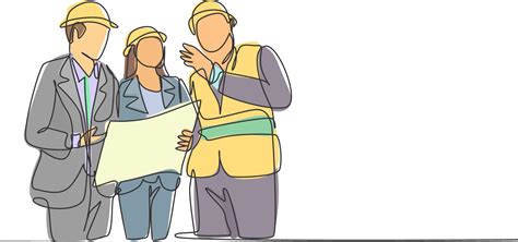 Single Continuous Line Drawing Of Young Architect Discussing Construction Design With Foreman