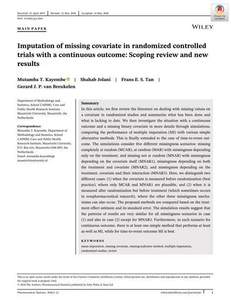 Pdf Imputation Of Missing Covariate In Randomized Controlled Trials