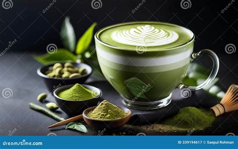 Powder Green Tea And Green Tea Leaf On White Stock Illustration