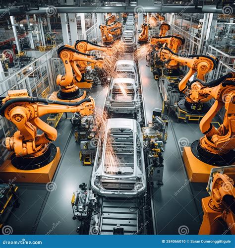 Overhead View Of Robotic Precision On An Automotive Assembly Line Stock Illustration
