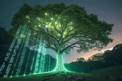 Luminous Green Tree With Digital Data Screens Generated By Ai Stock