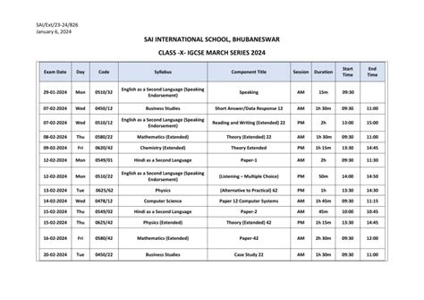 IGCSE Class X Exam Schedule March