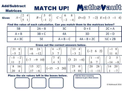 Adding Subtracting Matrices Worksheet Subtraction Worksheets