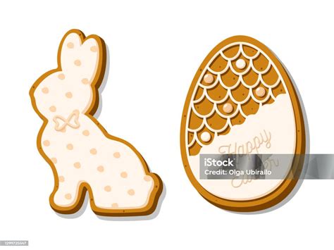 달걀과 토끼 모양으로 설정 부활절 쿠키 흰색 배경에 고립 된 수제 축제 진저 브레드 쿠키 벡터 일러스트레이션 4월에 대한 스톡 벡터 아트 및 기타 이미지 Istock