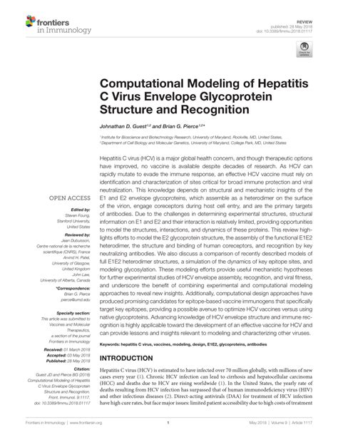 Pdf Computational Modeling Of Hepatitis C Virus Envelope Glycoprotein Structure And Recognition