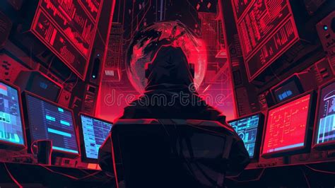 Futuristic Cybersecurity Command Center With Hacker At Work Dark