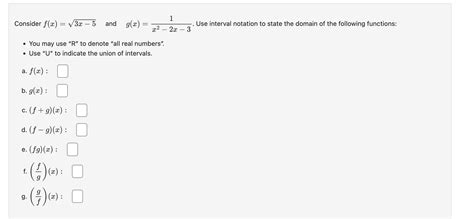 solved consider f x 3x−5 and g x x2−2x−31 use interval