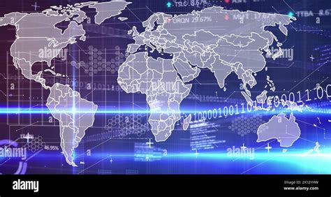 Image Of World Map Data Processing And Lights On Violet Background