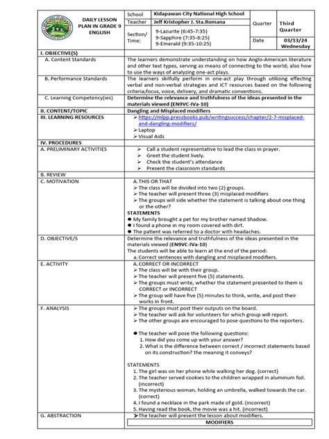 Dangling And Misplaced Modifier Pdf Linguistics Learning