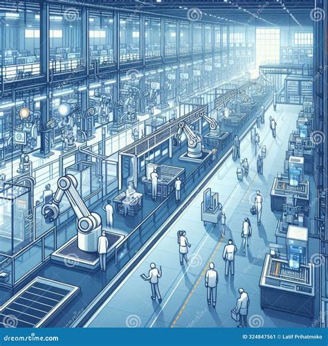 Illustration Simple Vector Of High Tech Automated Factory Floor With Humans And Robots Working