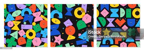 다른 얼굴 감정을 가진 귀여운 만화 기하학적 인물과 원활한 패턴의 세트 다채로운 재미있는 캐릭터 트렌디 한 벡터 일러스트레이션 다양한 기본 인물 어린이를 위한 포스터 0명에