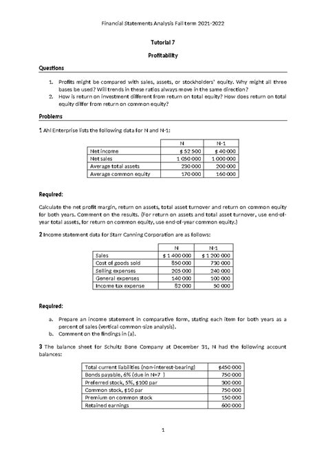 fsa tutorial 7 fall 2021 tutorial 7 profitability questions profits