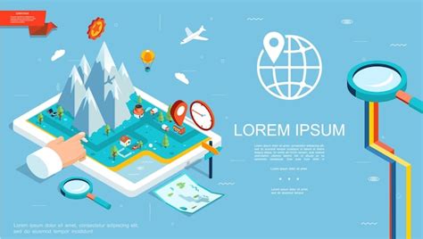 손 돋보기 글로브 그림을 가리키는 태블릿 화면에 산 경로지도 포인터와 아이소 메트릭 Gps 탐색 템플릿 무료 벡터