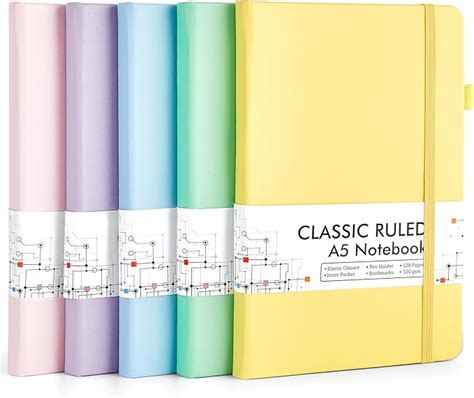 Feela 5 Pack A5 Notebooks Multipack Ruled Lined Notepads A5 120 Gsm Hardback Journal