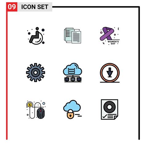 set of 9 vector filledline flat colors on grid for computer cogs