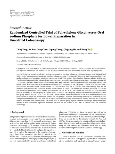 Pdf Randomized Controlled Trial Of Polyethylene Glycol Versus Oral Sodium Phosphate For Bowel