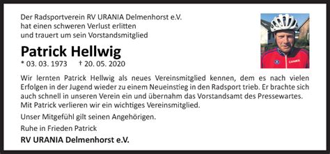 Traueranzeigen Von Patrick Hellwig Noz Trauerportal