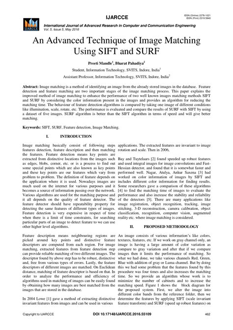 pdf ijarcce an advanced technique of image matching using sift and surf