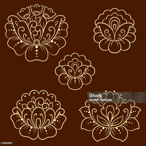 헤나 드로잉과 문신에 대한 멘디 꽃 패턴세트 민족 동양 인도 스타일의 장식 낙서 장식 윤곽선 손 그리기 벡터 그림입니다 0명에 대한 스톡 벡터 아트 및 기타 이미지 Istock